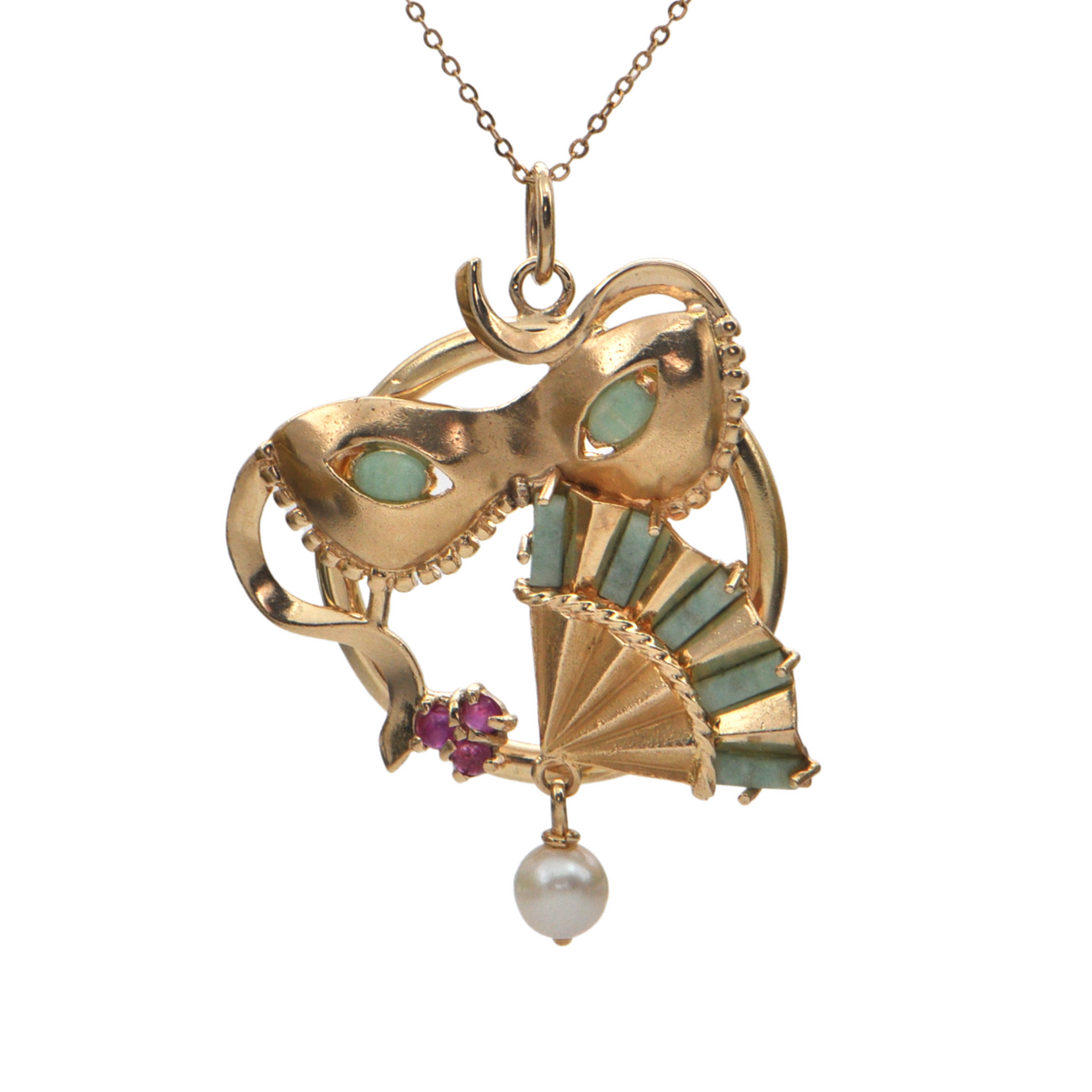 Mardi Gras Masquerade Mask and Fan with Rubies and Jade 14K Gold Penda ...